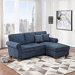 OSP Home Furnishings Rylee Reversible Rolled Arm Sectional Sofa with 2 Pillows and Coffee Finished Legs, Navy Fabric