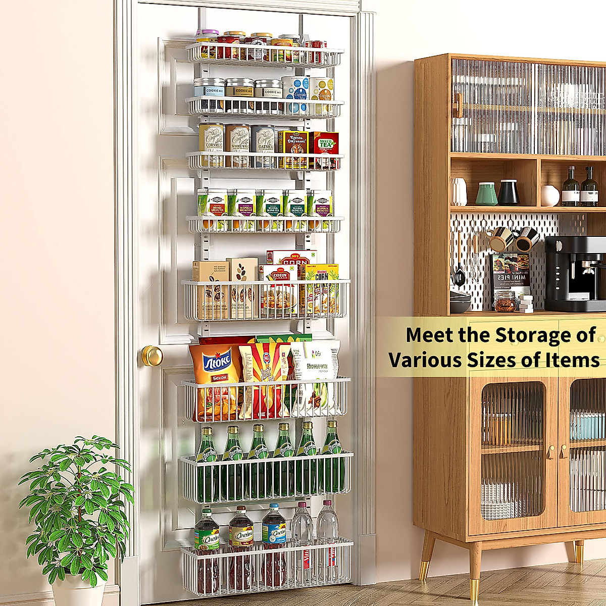 Moforoco Over The Door Pantry Organizer, Pantry Door Organizer Shelves, Kitchen Organizers and Storage, Hanging Basket Wall Spice Rack Seasoning Shelves, Laundry Room Bathroom accessories（White
