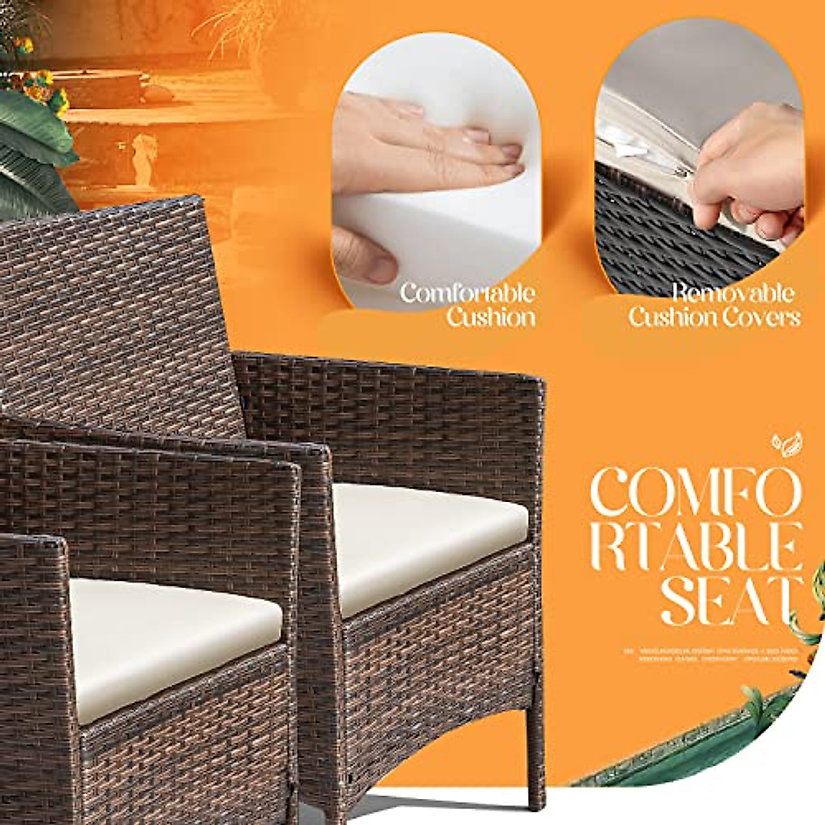Greesum Patio Furniture 4 Pieces Conversation Sets Outdoor Wicker Rattan Chairs Garden Backyard Balcony Porch Poolside loveseat with Cushion and Glass Table, Brown and Light Beige