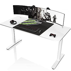 It's_Organized Gaming Desk, 60 Inch White I Shaped Computer Desk PC Gamer Desk Study Writing Laptop Table Workstation with Free Mouse Pad, Computer Workstation for for Home Office Gaming Working