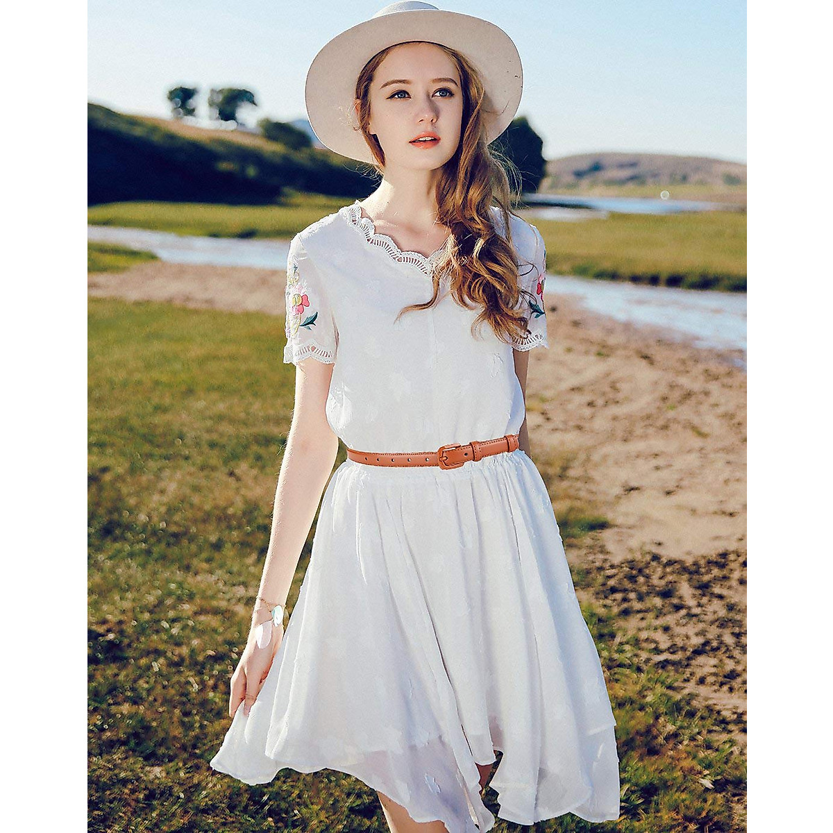 Tronjori Womens Leather Belt Skinny Belts for Jeans Pants 2pcs pack(S,Brown White)