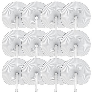 36 Pack Folding Paper Fans Round Shape Handheld Fans Plastic Handle Wedding Party Favors White