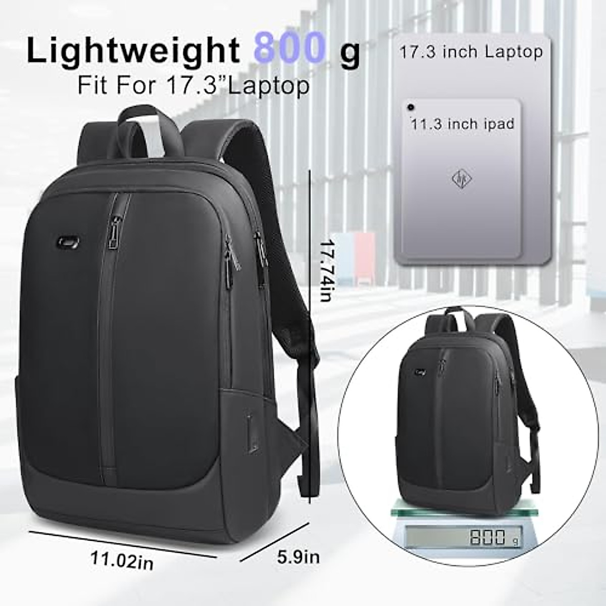 Business Backpack for Men, Slim Laptop Backpack Waterproof 17 inch, Lightweight Compact Computer Backpack with USB Charging, Thin Backpack Sleek for Travel Work Office and College - Black