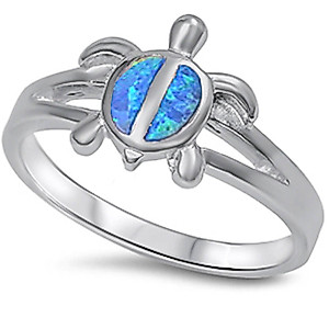 Oxford Diamond Co Simulated Fire Blue Opal turtle .925 Sterling Silver Ring Size 7