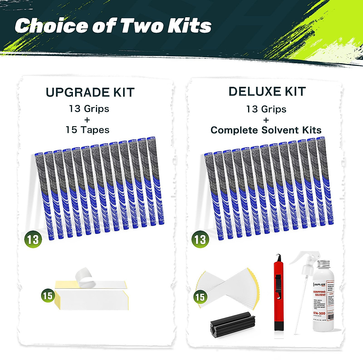 SAPLIZE Cross Corded Golf Grips 13 Pack, Low Taper Design, Multi-compound Hybrid Golf Club Grips, 13 Grips with 15 Tapes, Midsize, Blue, CL03 Series