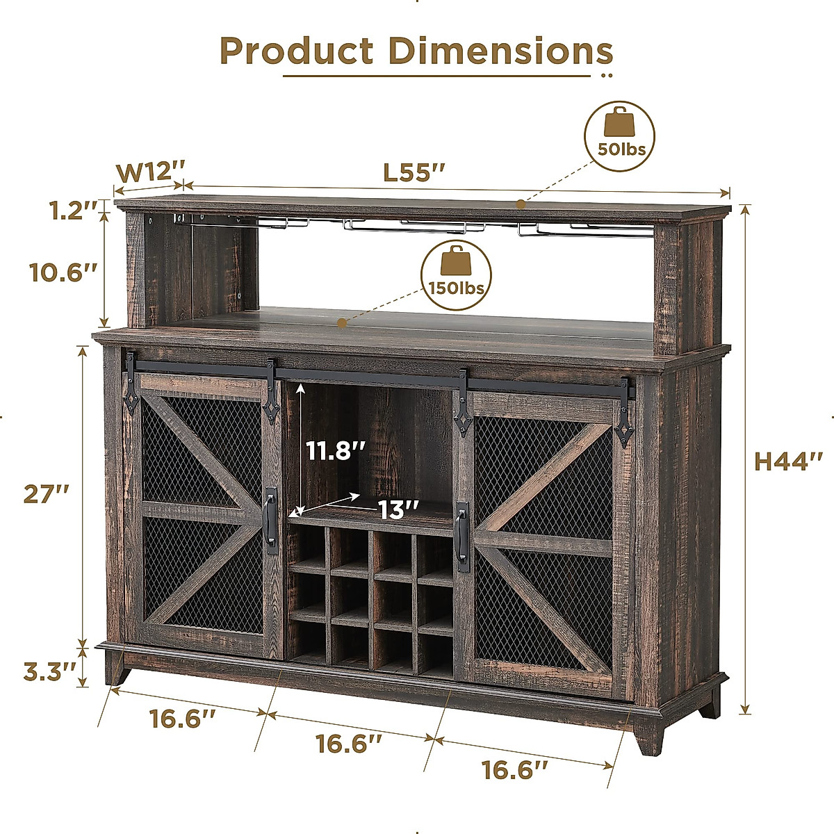 OKD Farmhouse Coffee Bar Cabinet with LED Lights, 55" Wine Bar Cabinet w/Sliding Barn Door & Wine and Glass Rack, Kitchen Buffet Cabinet w/Storage Shelves for Dining Room,Dark Rustic Oak