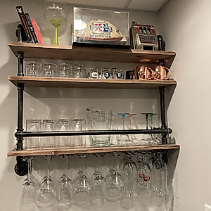 Industrial Pipe Shelf Wine Rack Wall Mounted with 9 Stem Glass Holder,36in Real Wood Shelves Kitchen Wall Shelf Unit,3-Tiers Rustic Floating Bar Shelves Wine Shelf,Steam Punk Pipe Shelving Glass Rack