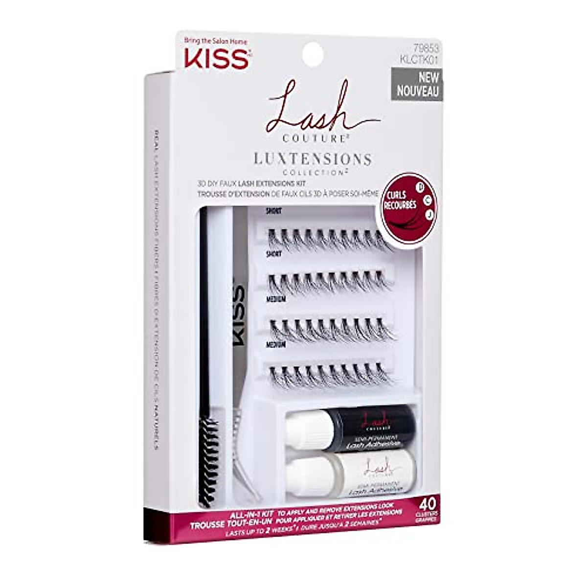 KISS Lash Couture Luxtension False Eyelashes, 'Lash Extension Kit', 12 mm, Includes 40 Wisps, Tweezers, Spoolie, Semi-Permanent Lash Adhesive And Remover, Contact Lens Friendly, Easy to Apply, Reusable Strip Lashes