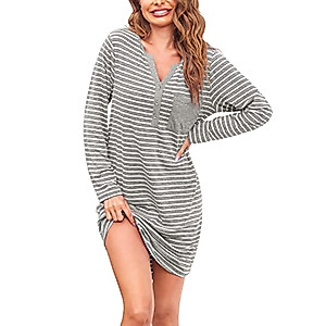 Ekouaer Women's Nightshirt Long Sleeve Button Down Nightgown V-Neck Sleepwear Pajama Dress