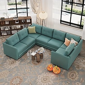 LLappuil Modular Sectional Sofa Faux Leather Fabric Convertible U Shaped Sofa 7 Seater Couch with Storage, Oversized Reversible 112 Inch Sectional Couches for Living Room, Office, Aqua Blue