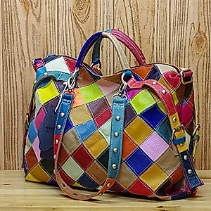 Women's Multicolor Tote Handbag Abstract Design Handbag Genuine Leather Hobo Shoulder Purse, Colors