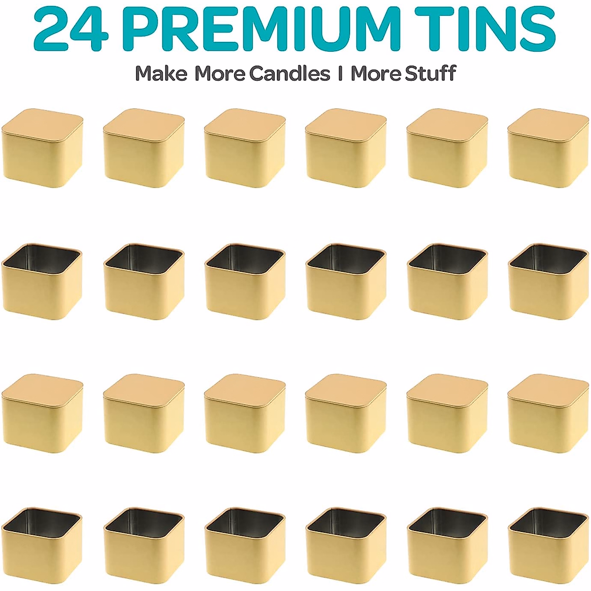 Hearts & Crafts Yellow Square Candle Tins 8 oz with Lids - 24-Pack of Bulk Candle Jars for Making Candles, Arts & Crafts, Storage, Gifts, and More - Empty Candle Jars with Lids (Metal)