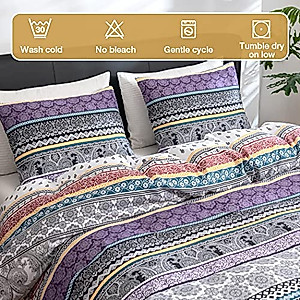 Lekesky Boho Duvet Cover Queen Size, Bohemian Purple Blue Retro Floral Print Comforter Cover Set, 3pcs Luxury Soft Microfiber Bedding Set with Zipper Ties