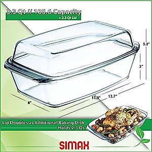 Simax Large Glass Casserole Dish, Oven Safe Cookware With Lid, Oblong Covered Glass Dish For Baking, Serving, Cooking, Microwave and Dishwasher Safe Bakeware, 3 Quart Capacity