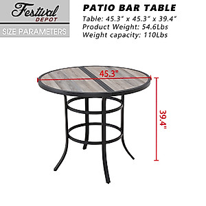 Festival Depot Patio Bar Height Table, Outdoor Bistro 45.3' Round Side Dining Coffee All Weather Furniture with DPC Desktop Metal Legs and Adjustable Feet for Garden Poolside Deck, Grey, (B-PF19252)