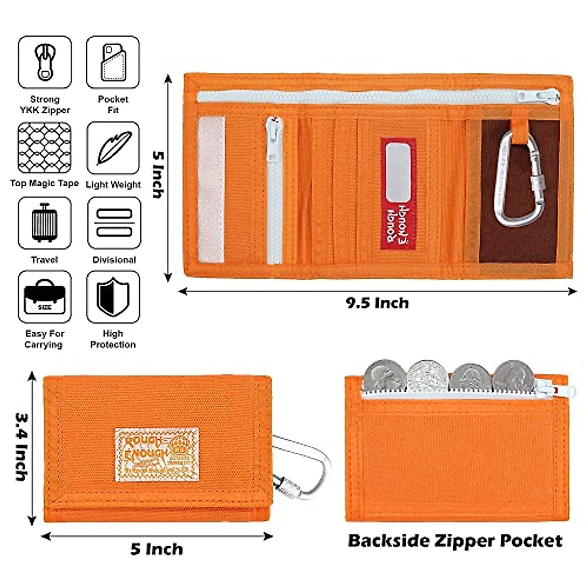 Rough Enough Kids Wallet for Boys Girls Teen with Neck Lanyard Keychain Canvas Bright Orange