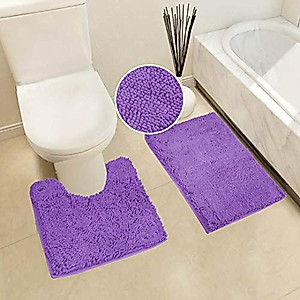 Luxury Chenille Bath Mats and Ombré Shower Curtain Set, Ultra Soft Non-Slip High Pile Water Absorbent Shaggy Chenille Bathroom Rugs and Abstract Mosaic Shower Curtain 15 Piece Set-Jasmine (Purple)