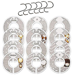 Baby Closet Size Dividers for Clothes - Set of 12 Baby Clothes Organizer with 6 S Hooks - Monthly Dividers Baby Hangers for Nursery Divider Organize by Ages Newborn to 4T and Older - Woodland Decor