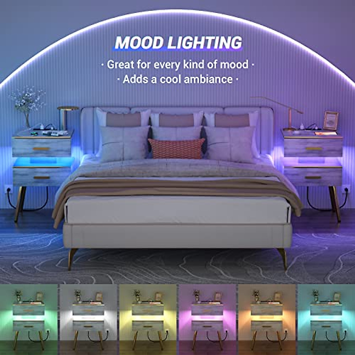 Cyclysio Night Stand with Charging Station, Modern Nightstand Bedside Tables with Led Lights, Bed Side Table Night Stand with Drawers for Bedroom and Sofa Side, 25'' Tall, White Oak Wood Finish