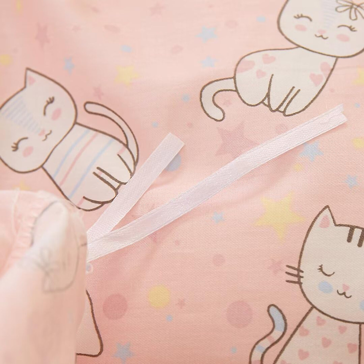 MKXI Queen Size Pink Floral Duvet Cover Cute Cats Duvet Cover for Girls White Cat Pattern Kids Bedding Set Pink Cartoon Comforter Cover for Children