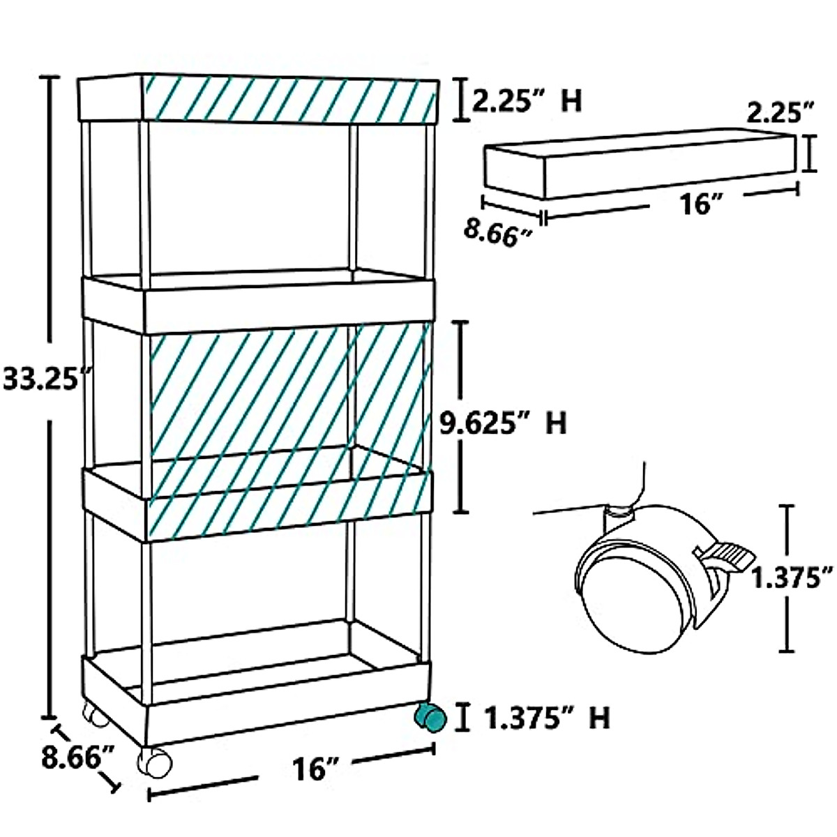 Storage Cart by PILITO, Rolling Utility Cart Mobile Shelving Unit Organizer with Wheels for Bathroom, Kitchen, Office, Home, Laundry Room & Dressers, Plastic & Stainless Steel, White (4-Tier)