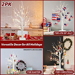 PEIDUO Easter Decorations for The Home, Set of 2 Easter Tree Battery Powered Timer, Lighted Birch Tree with LED Lights, Mantle Decor Lighted Trees for Decoration Inside (2FT Warm White)