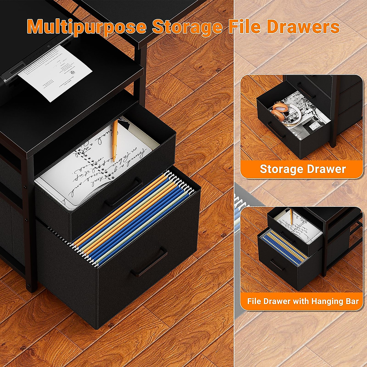 Unikito Reversible L Shaped Computer Desk with Fabric File Drawers, 70.8" Large Office Corner Desk with RGB LED Lights & Power Outlets & Monitor Stand & CPU Stand, Sturdy L Shape Gaming Desk, Black