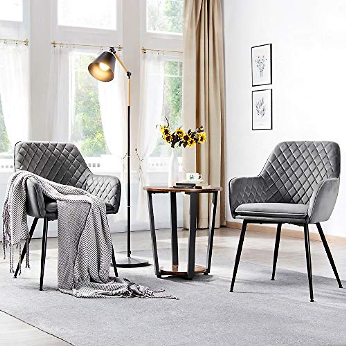 Yaheetech Dining Chairs Velvet Accent Armchairs Living Room Chairs with Steel Legs Upholstered Modern Tub Chairs with Backrest Armrest for Lounge Living Room Dining Room, Set of 6, Gray