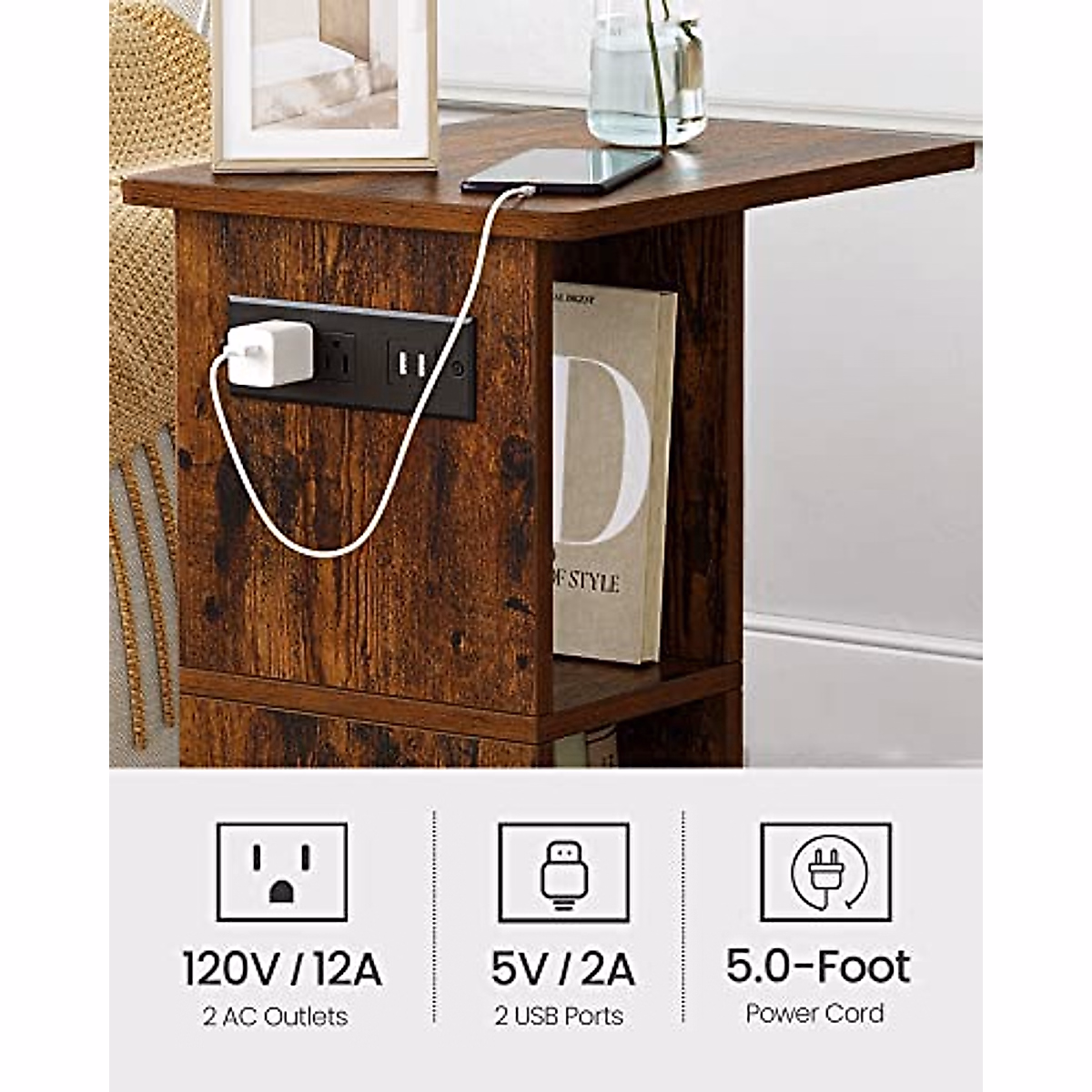 HILINSIE C Shaped End Table with Charging Station - Narrow Side Table with USB Ports and Outlets for Small Spaces, 3-Tier Storage Shelves Nightstand, 11.9 x 15.8 x 21.7 Inches, Rustic Brown