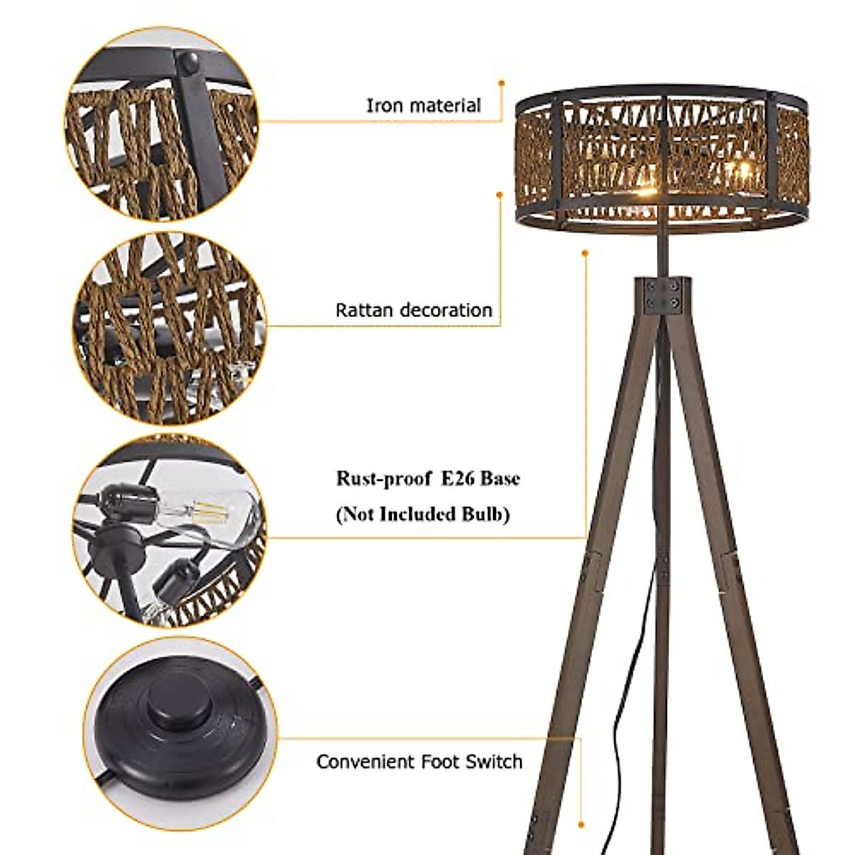 Zhizenl Wood Tripod Floor Lamp, Mid Century Standing Lamp with Rattan Lampshade, 40W E26 Farmhouse Modern Floor Lamp for Living Room, Bedroom, Study, Office