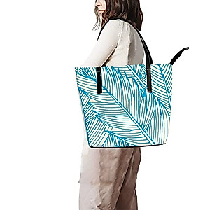 Fashion Tote Handbags Women's Soft Tote Shoulder Bag for Women Work Shopping Top Handle Satchel Bags, 15.8×4×15.4 inches,Blue Palm Leaf