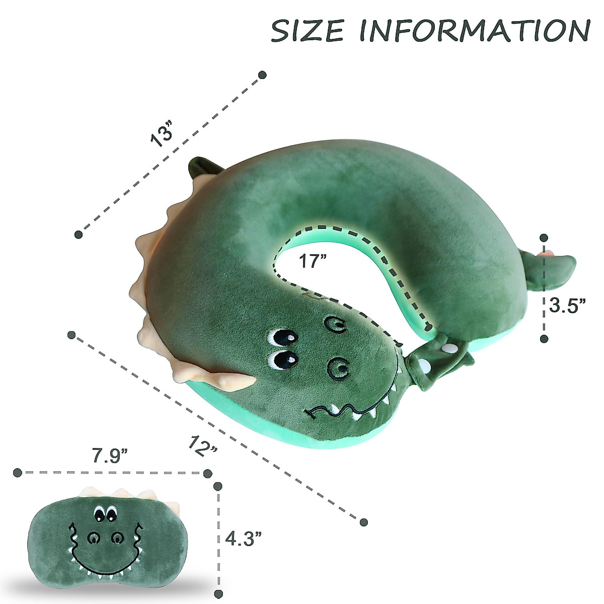 Sexysamba Cartoon Headrest & Neck Pillow for Kids Boys & Girls, Teens, Travel Accessories for Airplane, Car, Recline, Memory Foam Cute Travel Pillow with Sleep Eye Mask - Dinosaur