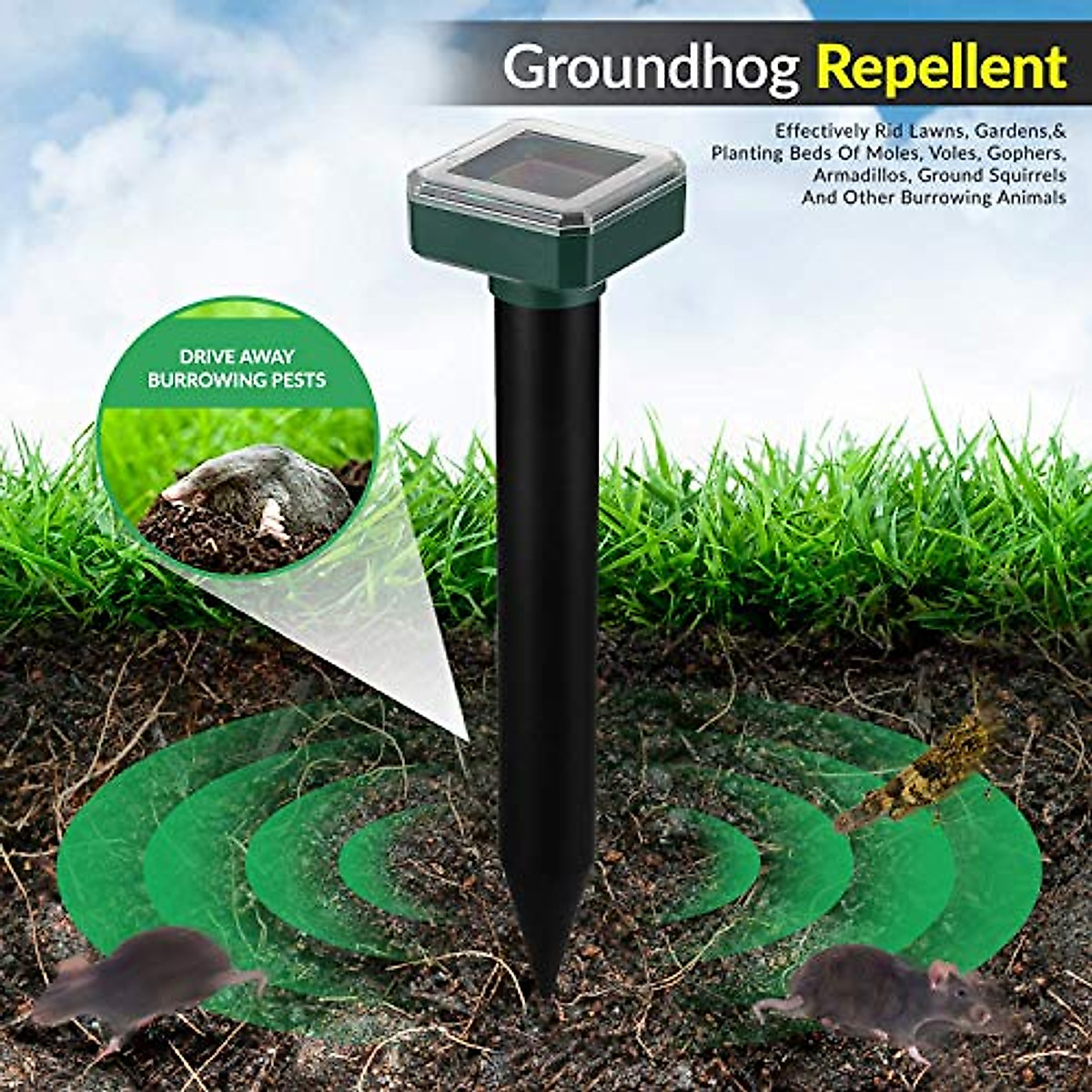 Titoland Mole Repellent Solar Powered for Lawns, 4 Pack Solar Mole Repellent & Gopher Repellent Ultrasonic Solar Powered Waterproof for Yard & Garden