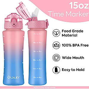 OLDLEY Kids Water Bottle with Straw 15 oz BPA-Free Leak-Proof Motivational Water Bottles with Time Marker for School Sports Travel Gym, Easy to Use for Girls Goys, 1 Straw Lid, Candy Pink/Blueberry