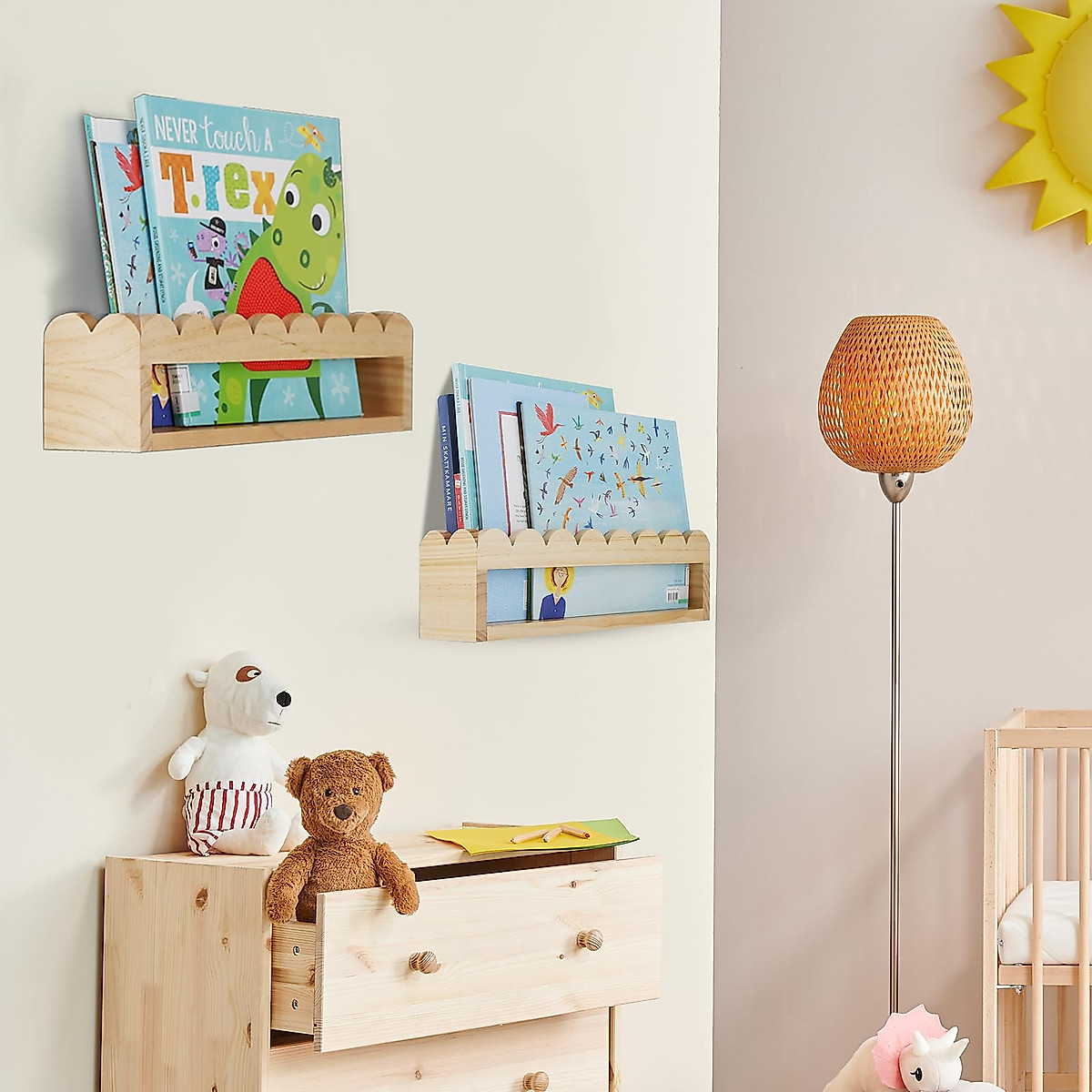 Zouboat Scalloped Floating Nursery Bookshelves for Wall,Set of 2 Natural Wood Wall Bookshelf for Kids Rooms,Preassembled Baby Bookshelf,Hanging Storage Shelves