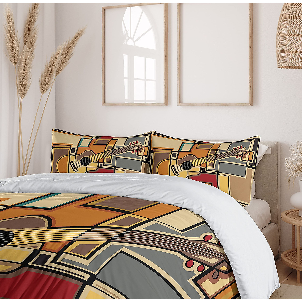 Ambesonne Music Duvet Cover Set, Funky Fractal Geometric Square Shaped Background Acoustic Guitar Art, Decorative 3 Piece Bedding Set with 2 Pillow Shams, King Size, Pale Yellow