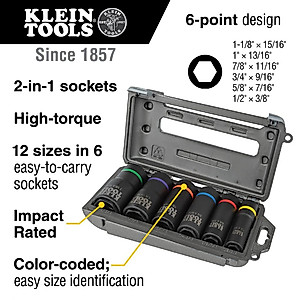 Klein Tools 66060 2-in-1 Impact Socket Set, 6-Piece Tool Set with 6-Point Deep Sockets with 1/2-Inch Drive, Includes Tool Case