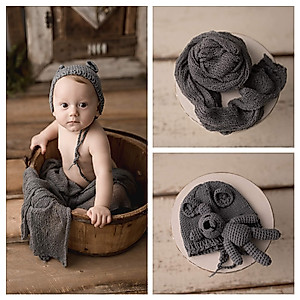 Newborn Photography Props with Baby Wrap - Long Ripple Stretch Wrap with Crochet Beanie Hat and Knitted Teddy Bear - Complete 3 Piece Outfit Set to Swaddle Infant for Boys or Girls Photoshoot Session