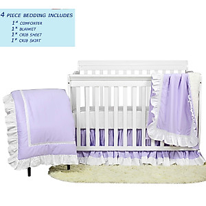 Brandream Girls Crib Bedding Sets White Purple Luxury Baby Nursery Bedding 4 Piece Ruffle Comforter Blanket Set, 100% Cotton