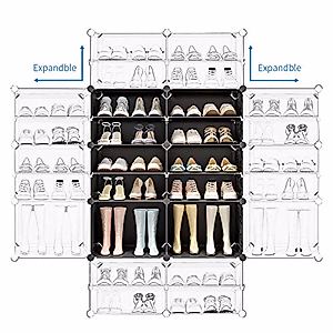 KOUSI Portable Shoe Rack Organizer 12 Grids Tower Shelf Storage Cabinet Stand Expandable for Heels, Boots, Slippers, Black