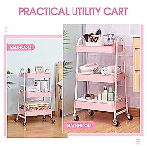 3-Tier Utility Rolling Cart with Large Storage and Metal Wheels for Office,Kitchen,Bedroom,Bathroom,Black,Pink,White