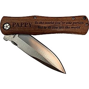Pappy - to the world you're one person but to us you are the world Stainless Steel Folding Pocket Knife with Clip, Wood