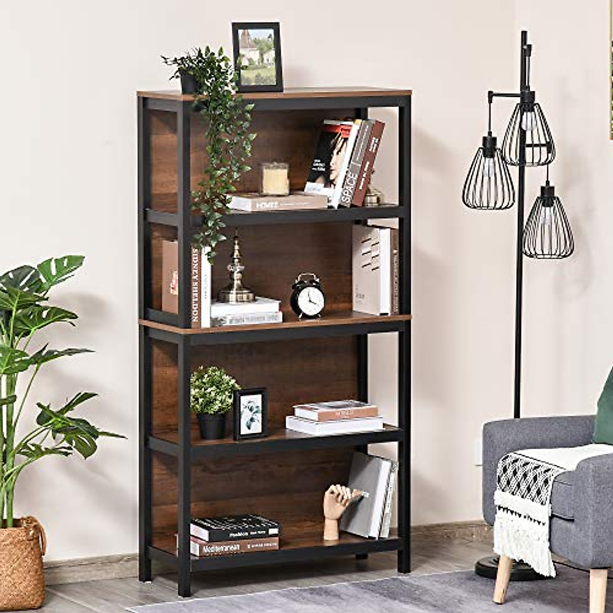 HOMCOM Shelves for Storage, 4 Tier Bookshelf Utility Organizer with Back Support and Anti-Topple Design, Walnut/Black