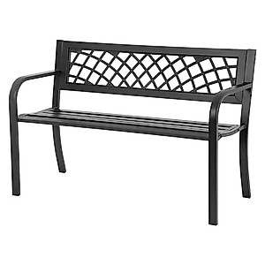 FANCUF Garden Bench,Outdoor Benches Iron Steel Frame Patio Bench Pattern and Plastic Backrest Armrests for Lawn Yard