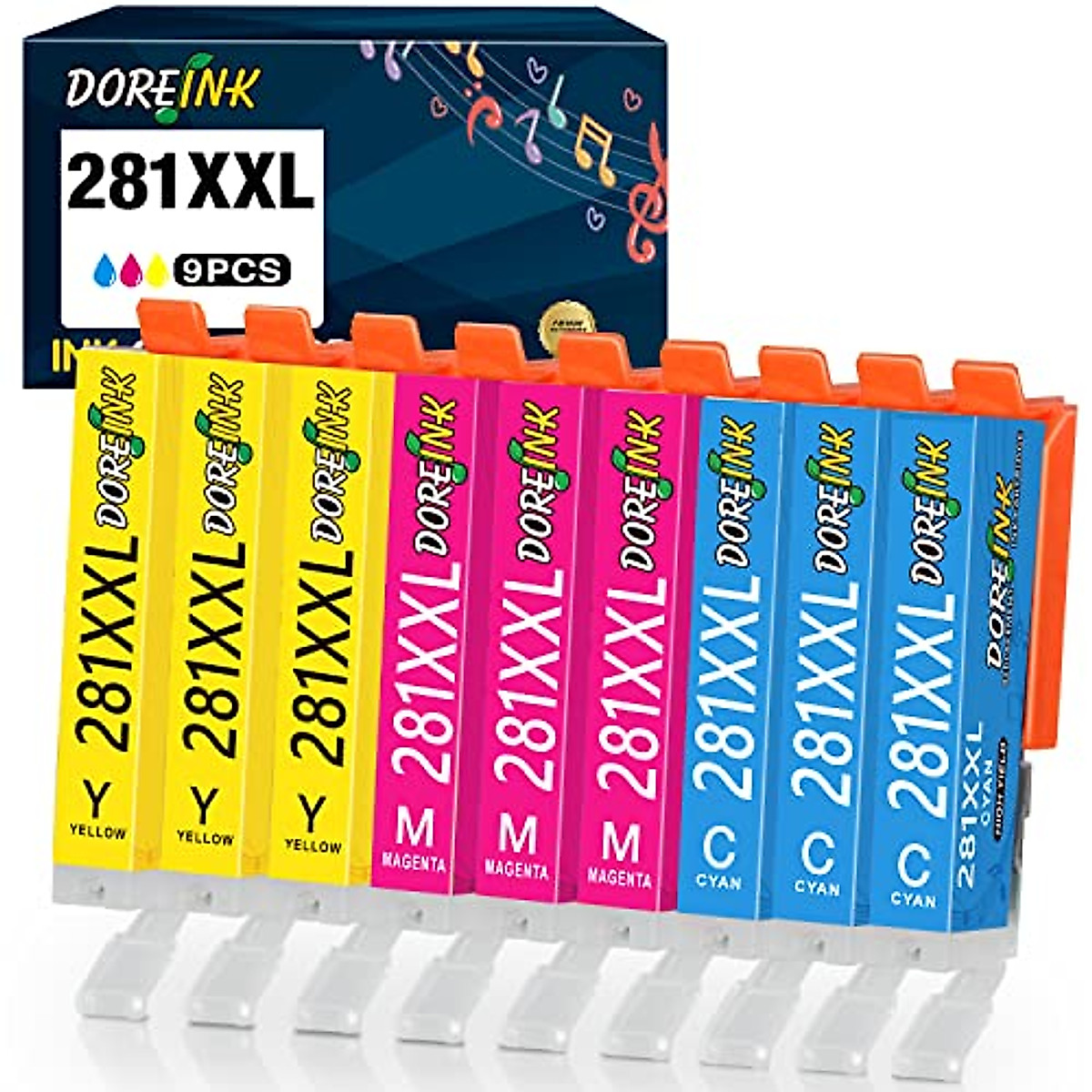 DOREINK Compatible 281 Ink Cartridge Replacement for Canon 281 CLI-281XXL 281XXL 281XL for PIXMA TR8520 TR8620 TS6320 TS9120 TS8320 TS6320 TS6220 TR7520 TS6120 Printer (Cyan, Magenta, Yellow) 9 Pack