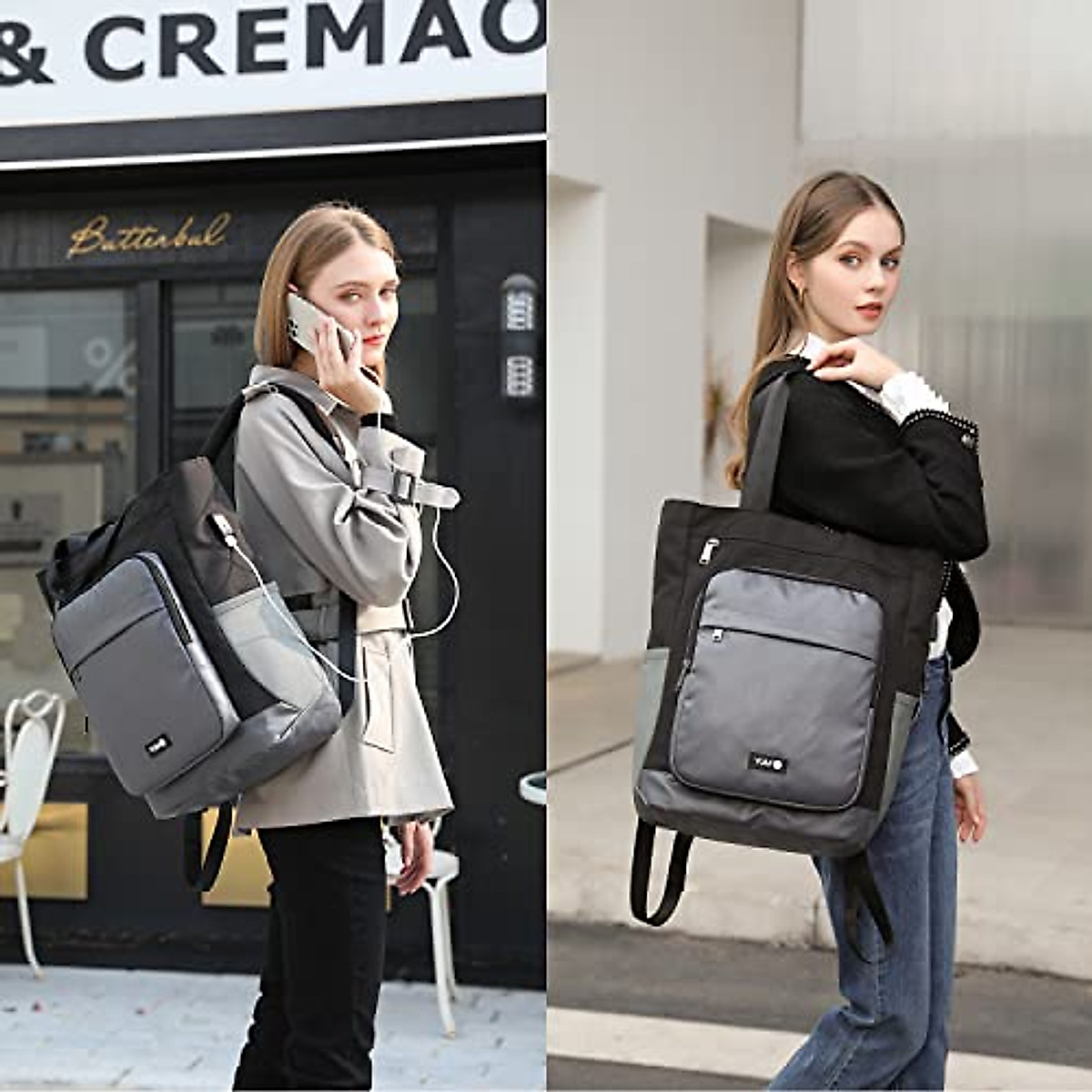 Y.U.M.C. Convertible Tote Backpack for Women Laptop Bag for School Work and Travel with 15.6 inch laptop sleeve USB Charging Port Luggage Belt Set B6065 (Black)