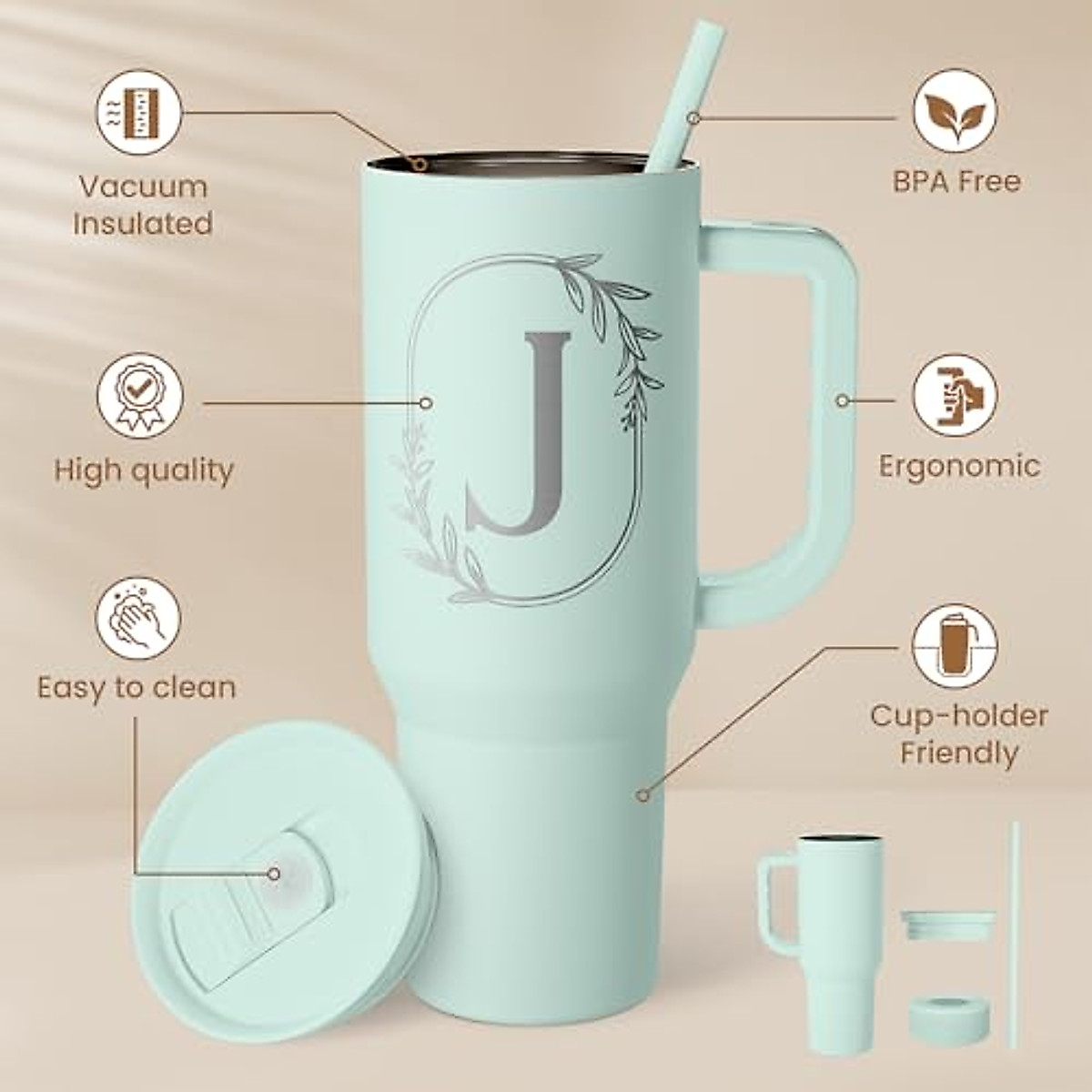 SANDJEST Stainless Steel Tumbler 40oz with Handle Initial J and Canvas Tote Bag