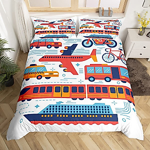 Erosebridal Plane Duvet Cover Queen, Bike Autocycle Comforter Cover, Cute Train Car Kawaii Bedding Set, Blue Ocean Ship Quilt Cover, Cartoon Hand Drawn Girls Bedroom Decor