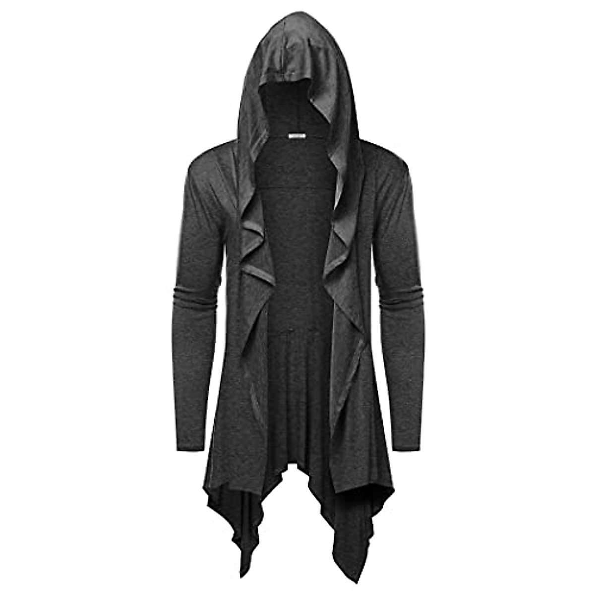 COOFANDY Men's Long Hooded Cardigan Ruffle Shawl Collar Open Front Lightweight Drape Cape Overcoat with Pockets Dark Grey