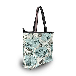 QMXO Animal Dragonfly Flower Leaves Handbags and Purse for Women Tote Bag Large Capacity Top Handle Shopper Shoulder Bag